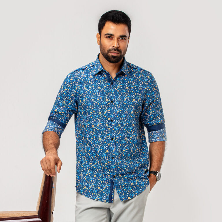 Richman Blue Printed Ultra Slim Fit Full Sleeve Shirt Richman Bd